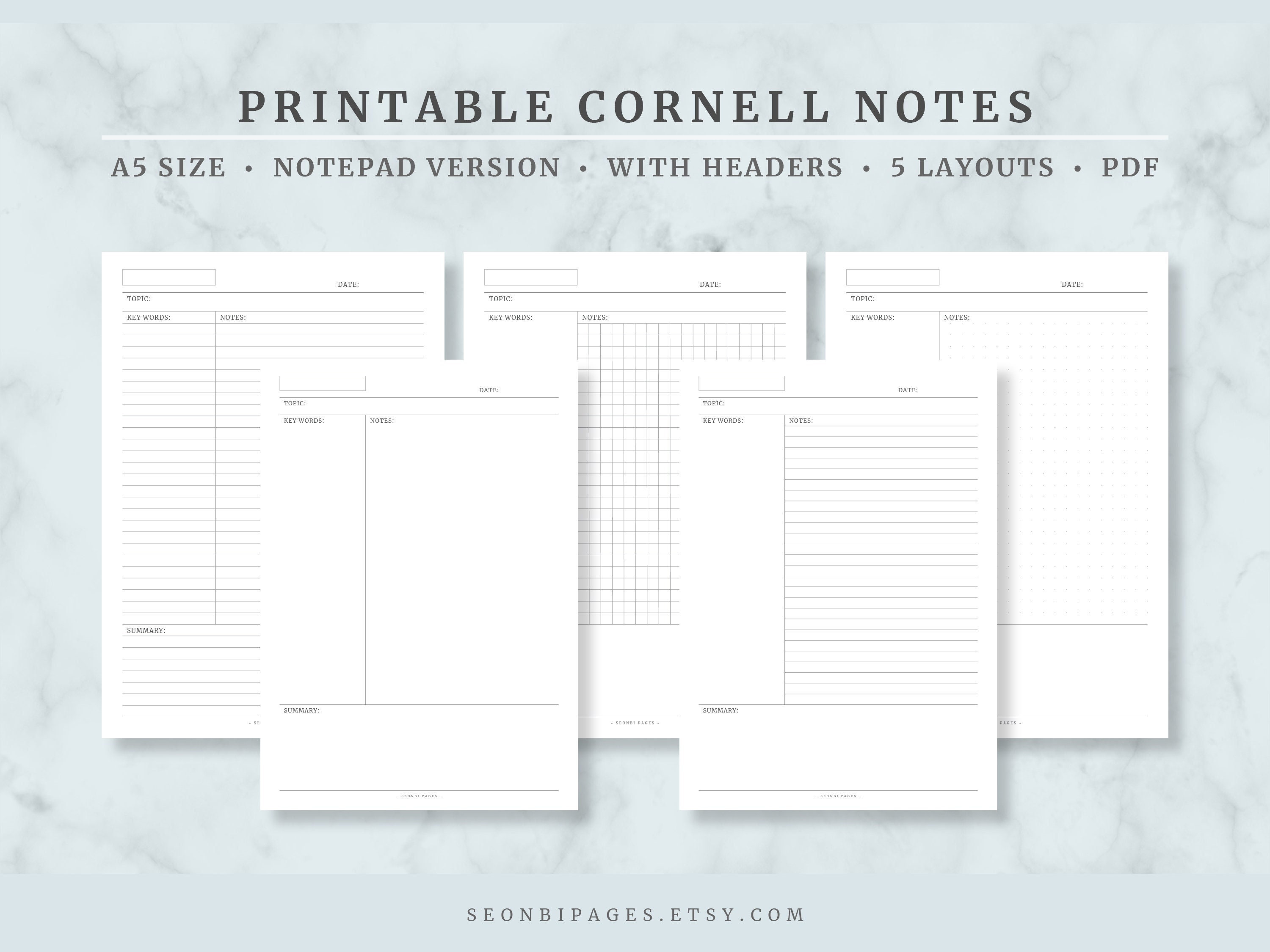 A5 Size, Printable Cornell Notes, Notepad Version, With Headers ...