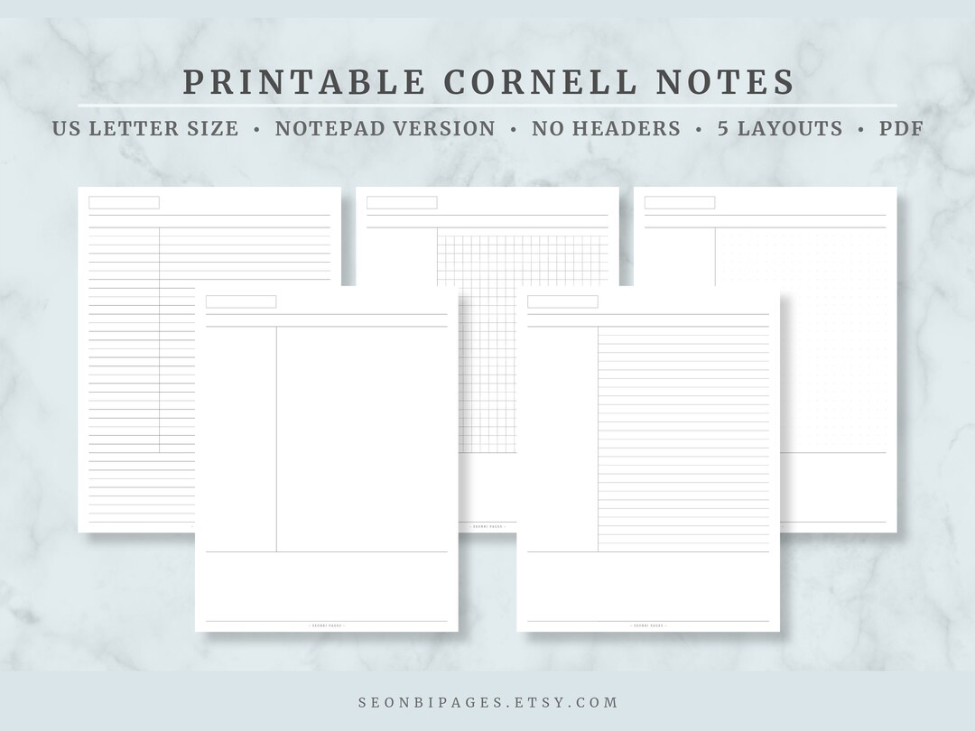 US Letter Size, Printable Cornell Notes, Notepad Version, No Headers ...