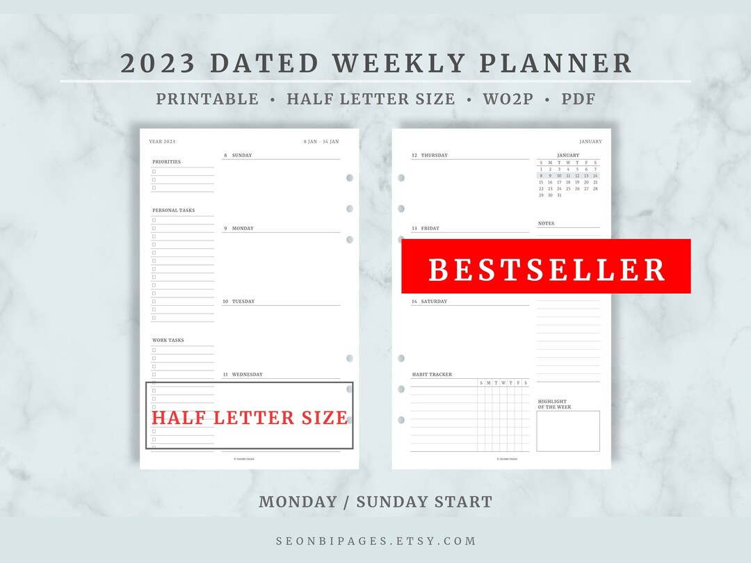 2023 Weekly Planner Printable, Half Letter Size, Dated, Weekly ...