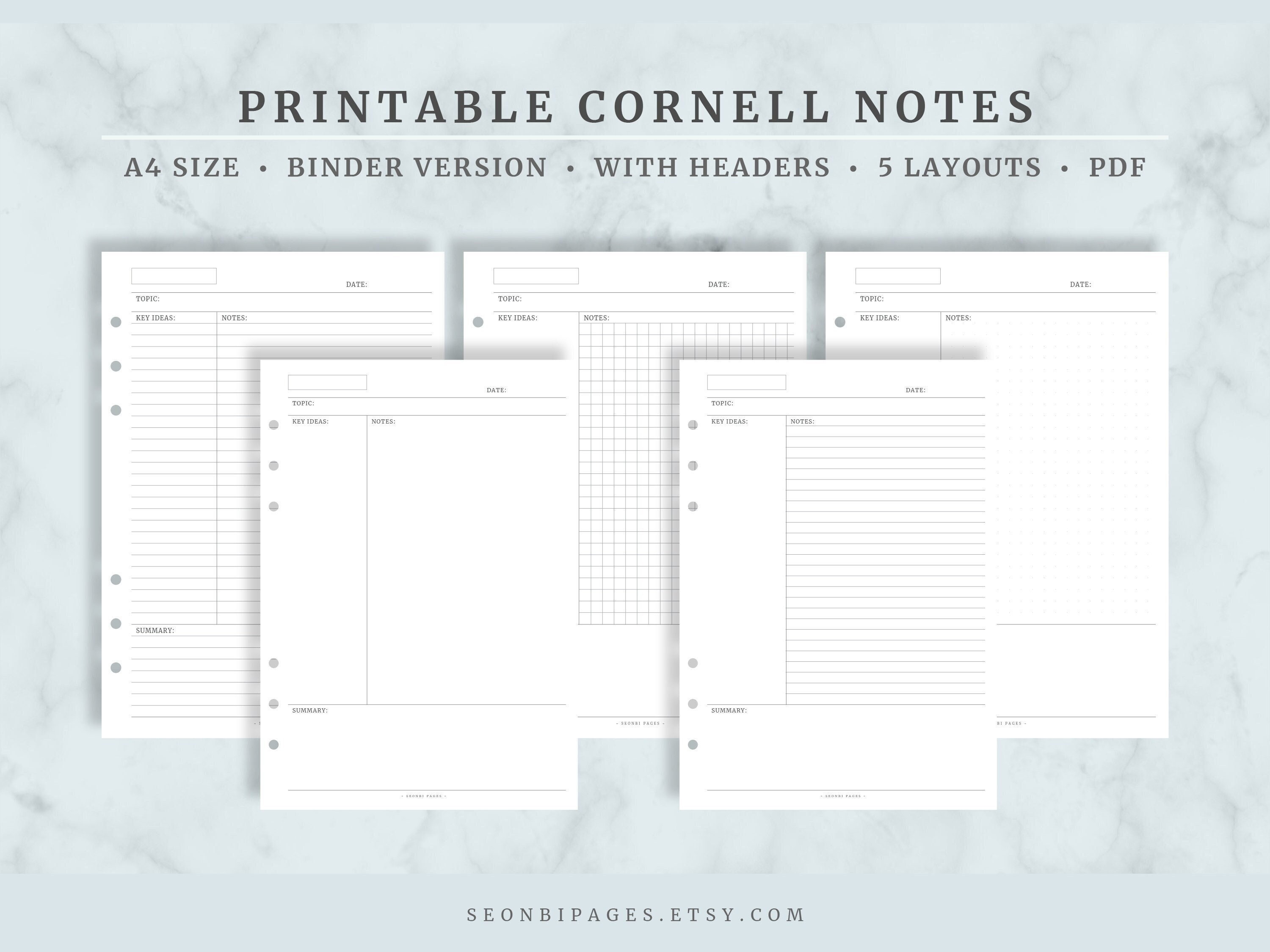 A4 Size, Printable Cornell Notes, Binder Version, With Headers, Cornell ...
