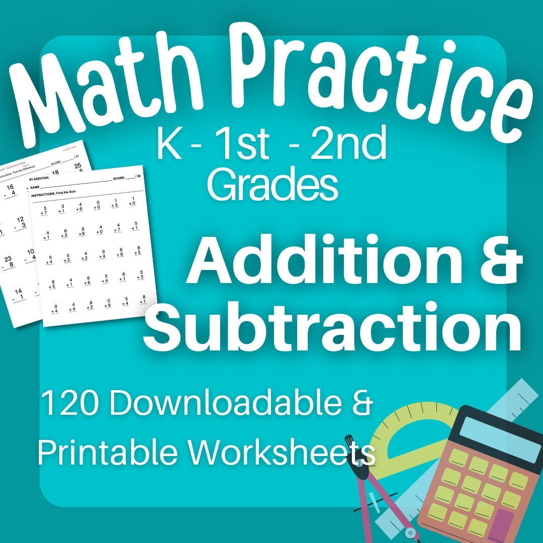 Kindergarten 1st 2nd Grade Addition and Subtraction Math Practice ...