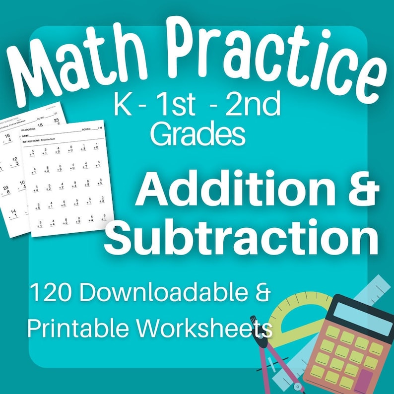 Kindergarten 1st 2nd Grade Addition and Subtraction Math Practice ...