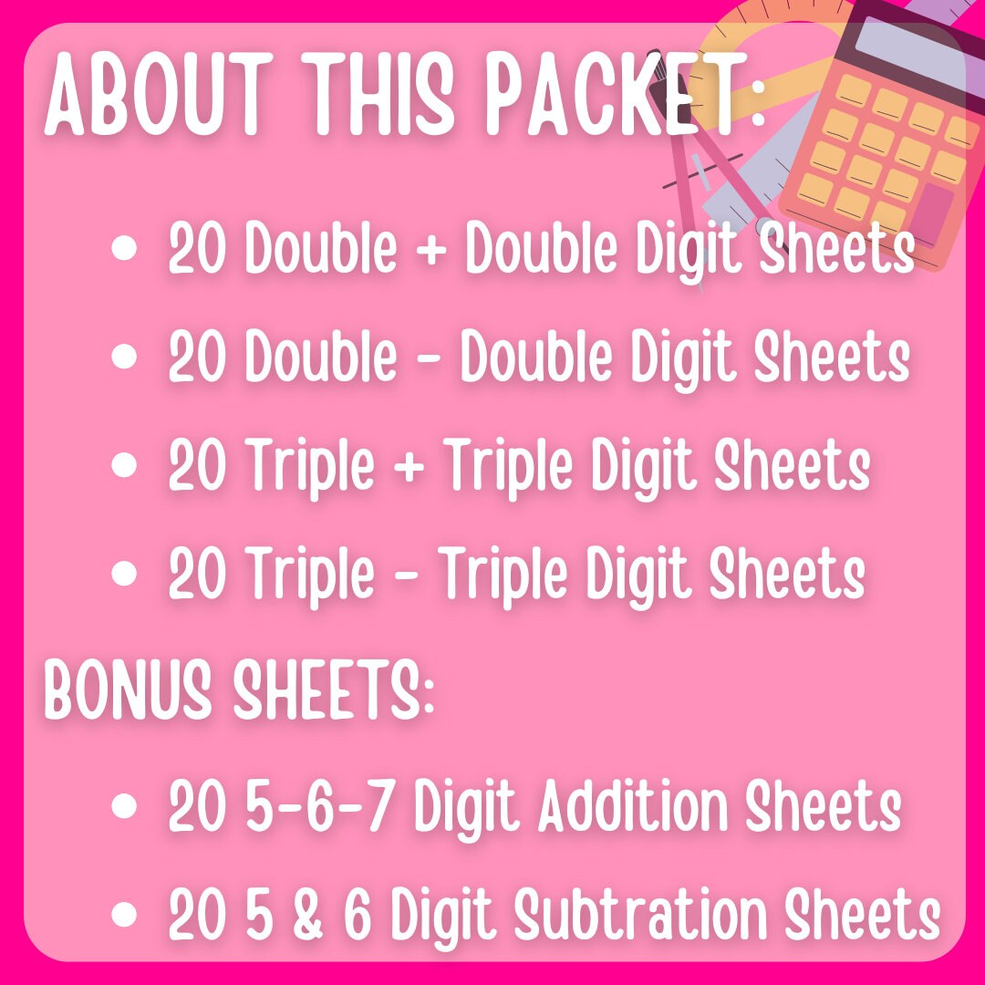 3rd 4th Grade Addition and Subtraction Math Practice, Printable ...