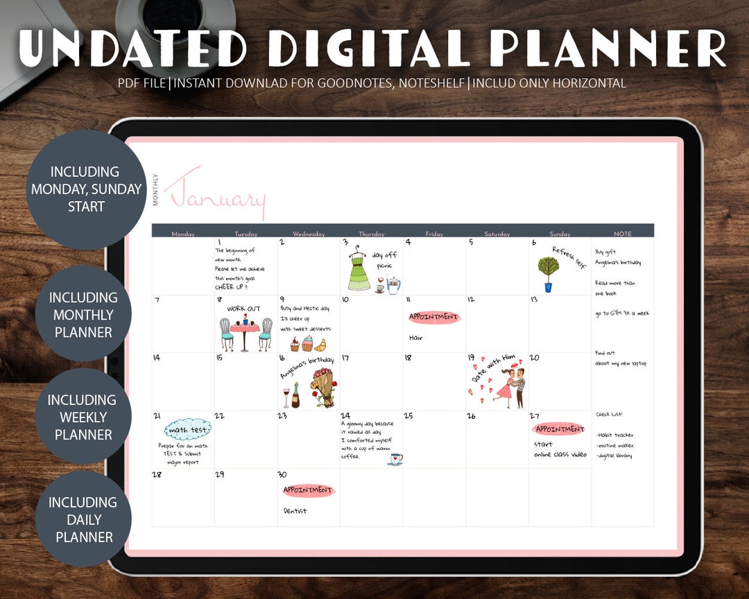 Monthly Planner Goodnotes Template, Undated Planner, Monthly Digital ...