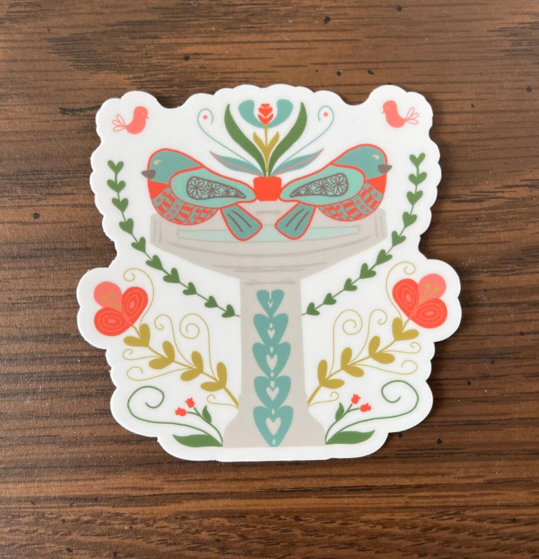 Folk Art Birdbath Sticker - Etsy
