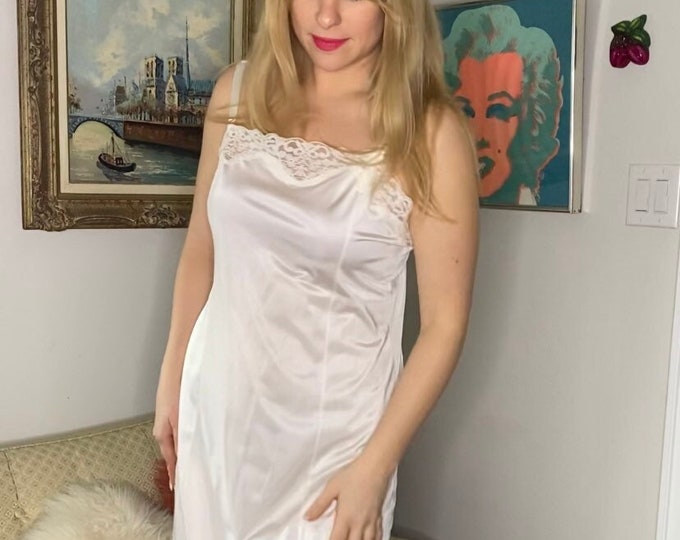 Vintage Satin Slip Dress in White With Floral Lace Trim • Adjustable Straps • Nylon • Scalloped ...