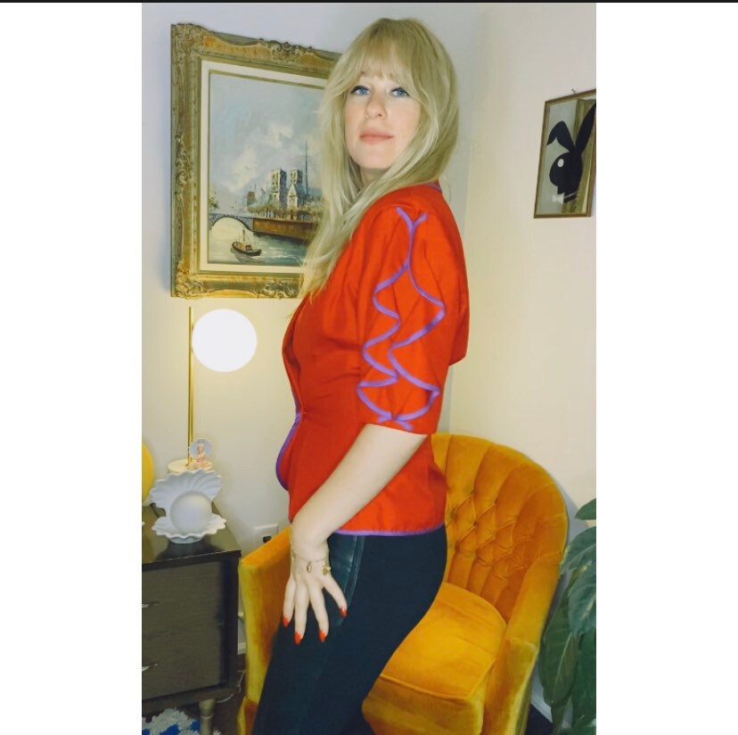 Vintage Cherry Red Silk Blouse Ruffle Half Sleeve Bright Purple Trim ...