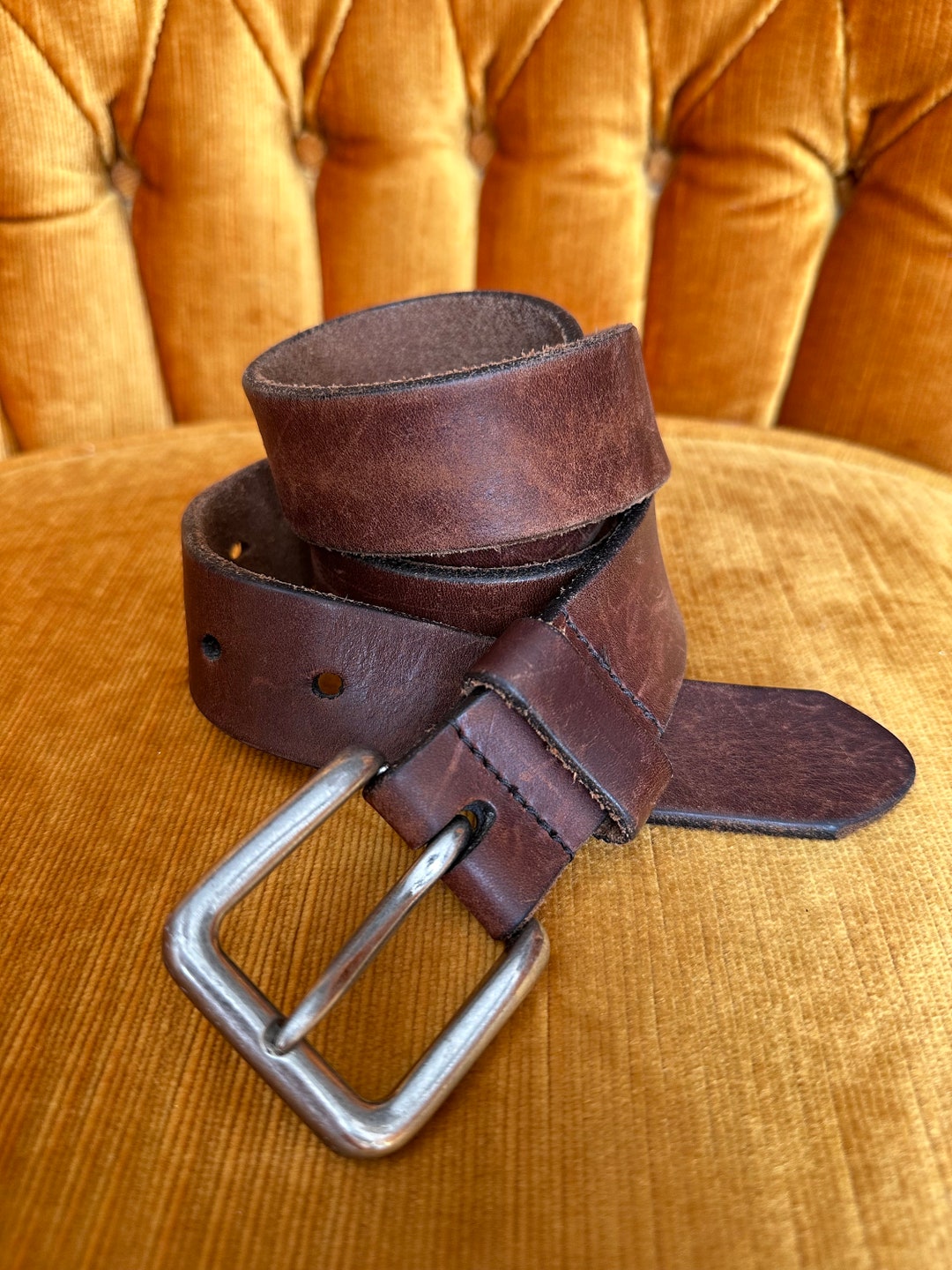 Vintage Roots Horween Chromexcel Brown Leather Belt With Silver Square ...