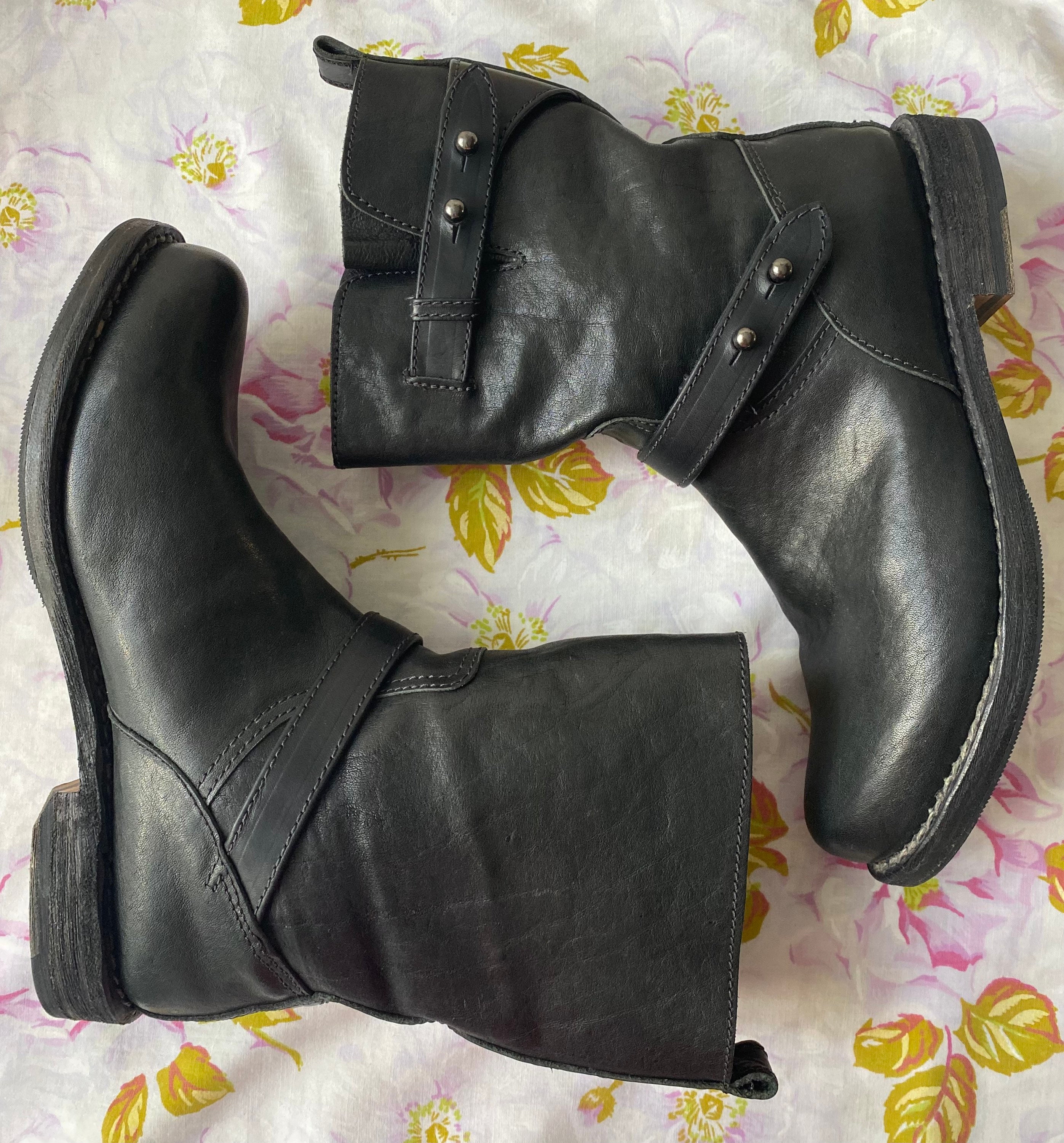 Rag and Bone Leather Motorcycle Ankle Boots With Harness Straps Round ...