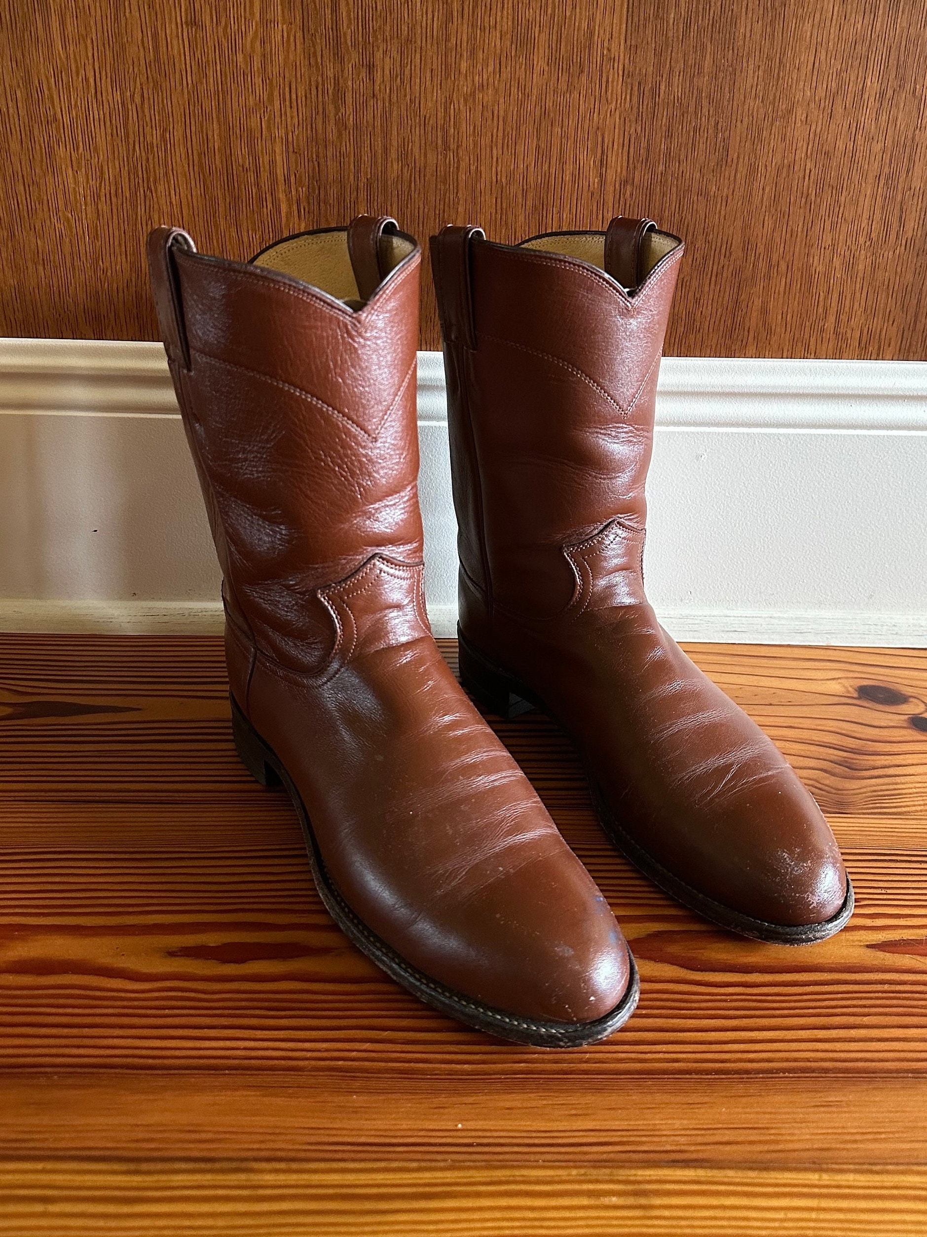 Vintage Justin Mens Original Roper Tan Leather Cowboy Boots in Cognac ...