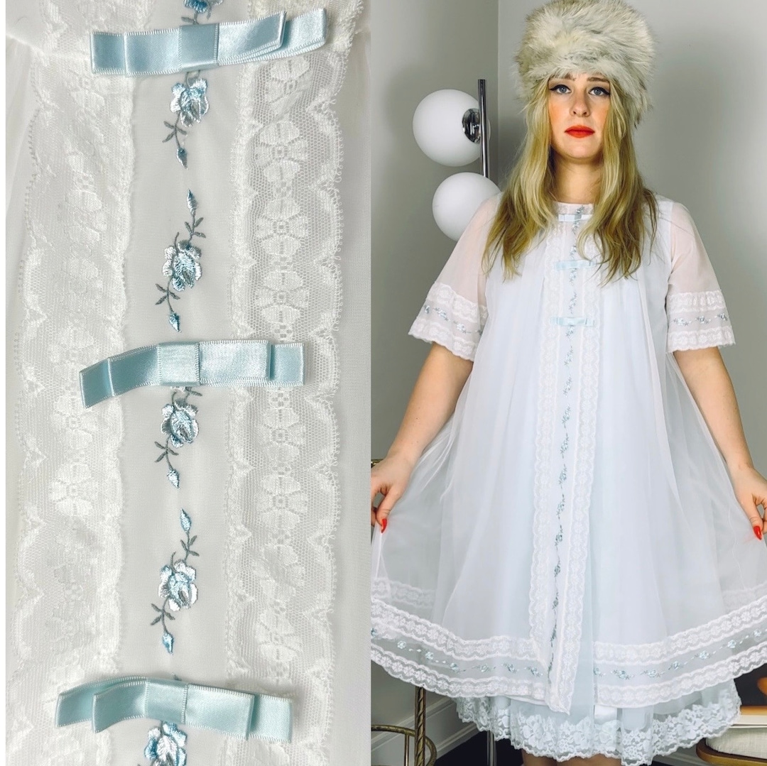 Vintage Shadowline Chiffon Nightgown Bed Jacket in White • Blue Satin ...