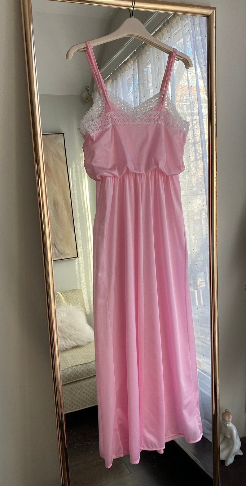 Vintage Long Silky Satin Sleep Dress In Pink Sleeveless Sweetheart Neck Fitted Elastic Waist