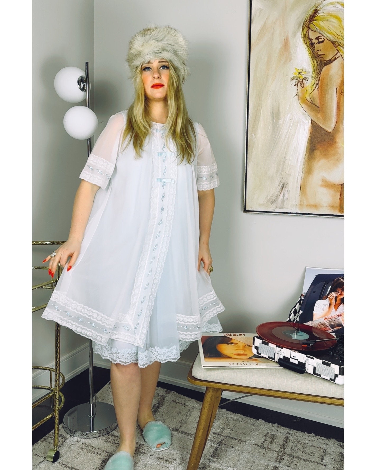 Vintage Shadowline Chiffon Nightgown Bed Jacket in White Blue Satin ...