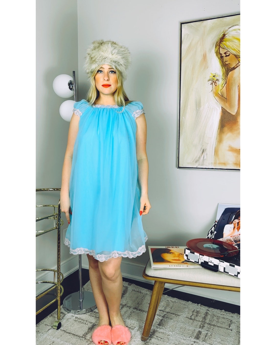 Vintage 1960s Chiffon Babydoll Nightgown • Aqua Blue Floral Lace, S/M ...