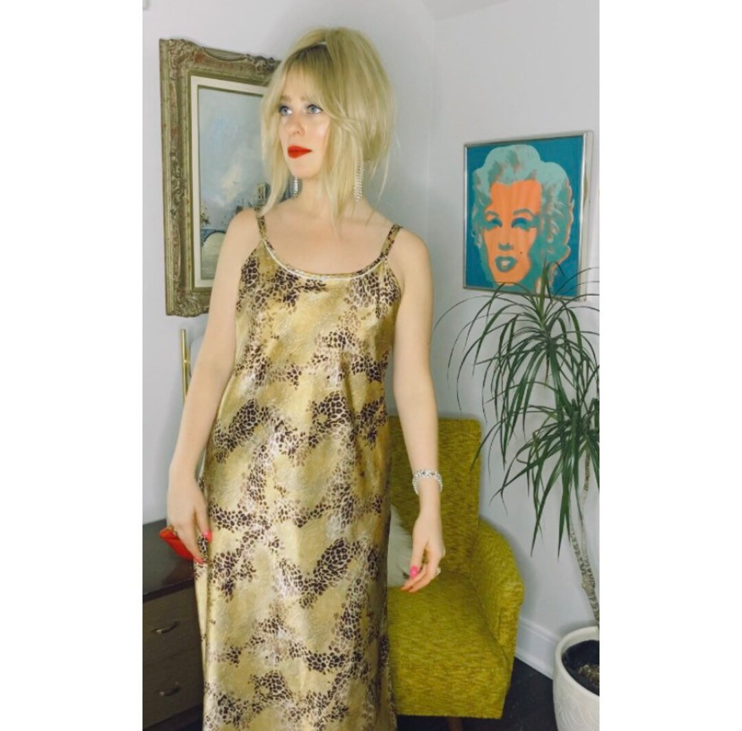 Vintage Long Silky Satin Slip Dress in Animal Print Scoop Neck Thin ...