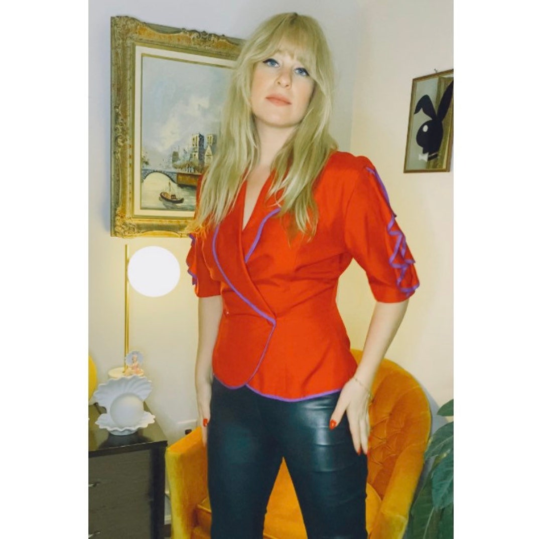 Vintage Cherry Red Silk Blouse Ruffle Half Sleeve Bright Purple Trim ...