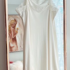 Vintage Satin Slip Dress in White With Floral Lace Trim Adjustable Straps Nylon Scalloped Hem ...