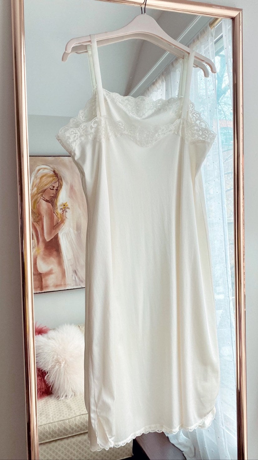 Vintage Satin Slip Dress in White With Floral Lace Trim - Etsy