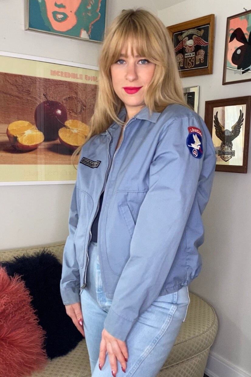 Vintage 60s Air Force Collared Jacket in Army Blue With Louisiana Patches and Back Decal Zipper ...