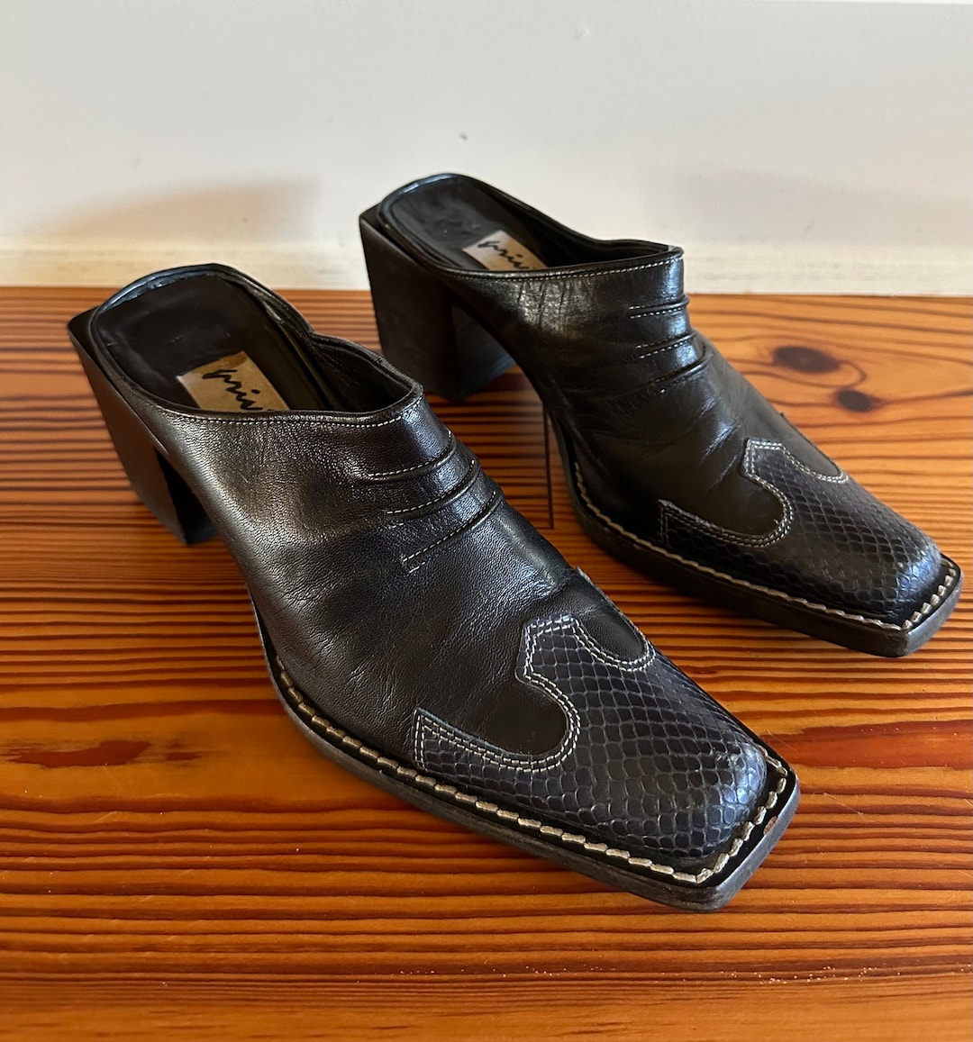 Vintage Privilege Leather Western Mules With Pointed Square Toe Black ...
