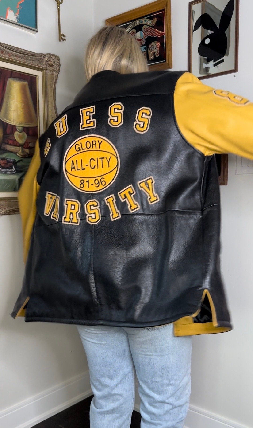 Vintage Guess Leather Jacket in Black and Yellow Varsity - Etsy