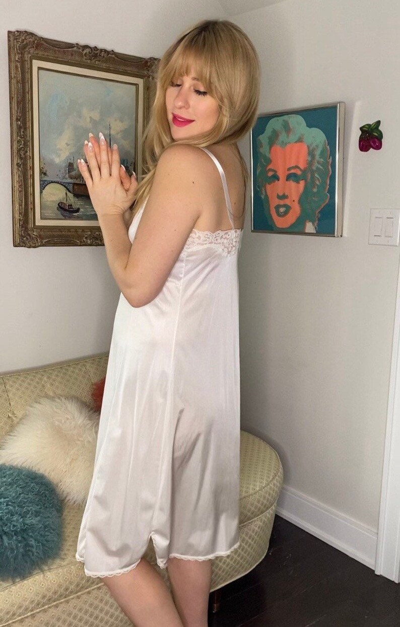Vintage Satin Slip Dress in White With Floral Lace Trim Adjustable Straps Nylon Scalloped Hem ...
