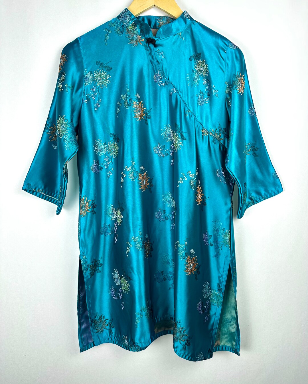 Vintage Silky Satin Kimono Style Tunic Mini Dress in Jade Green Blue ...