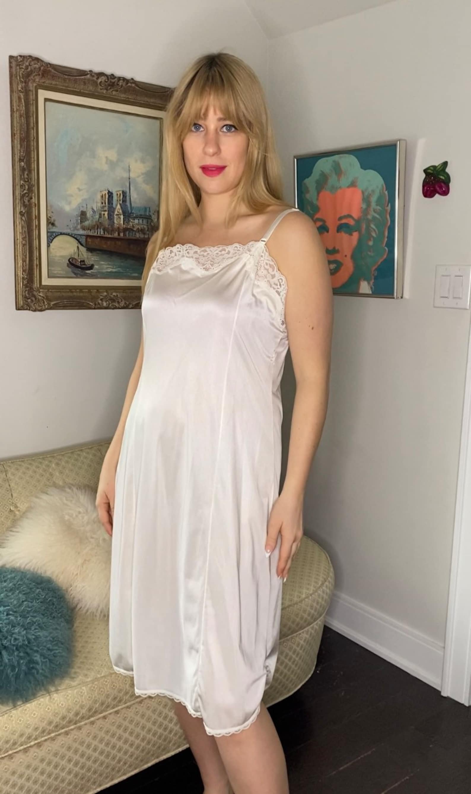 Vintage Satin Slip Dress in White With Floral Lace Trim Adjustable Straps Nylon Scalloped Hem ...