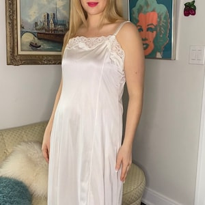 Vintage Satin Slip Dress in White With Floral Lace Trim Adjustable Straps Nylon Scalloped Hem ...