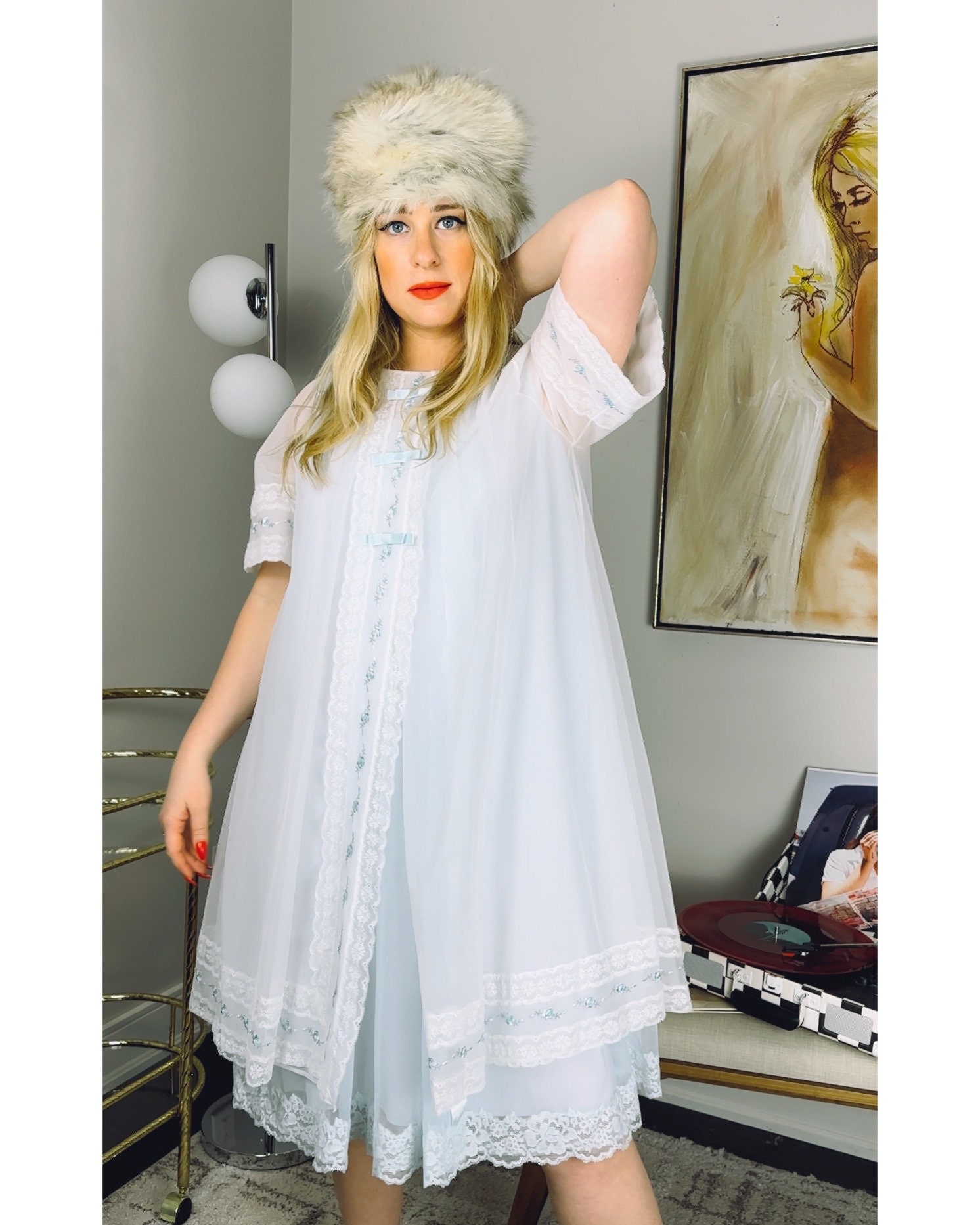 Vintage Shadowline Chiffon Nightgown Bed Jacket in White Blue Satin ...