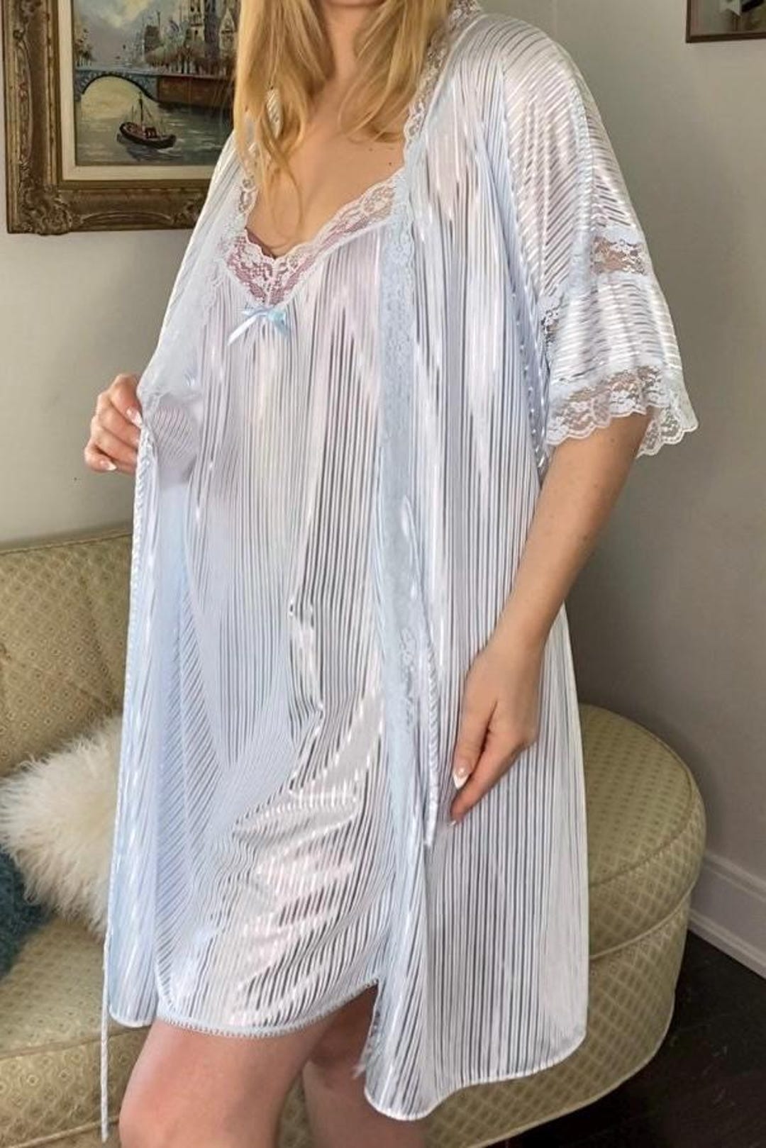 Vintage Slip Dress With Matching Robe • Soft Blue Metallic Striped Fabric With Floral Lace Trim ...