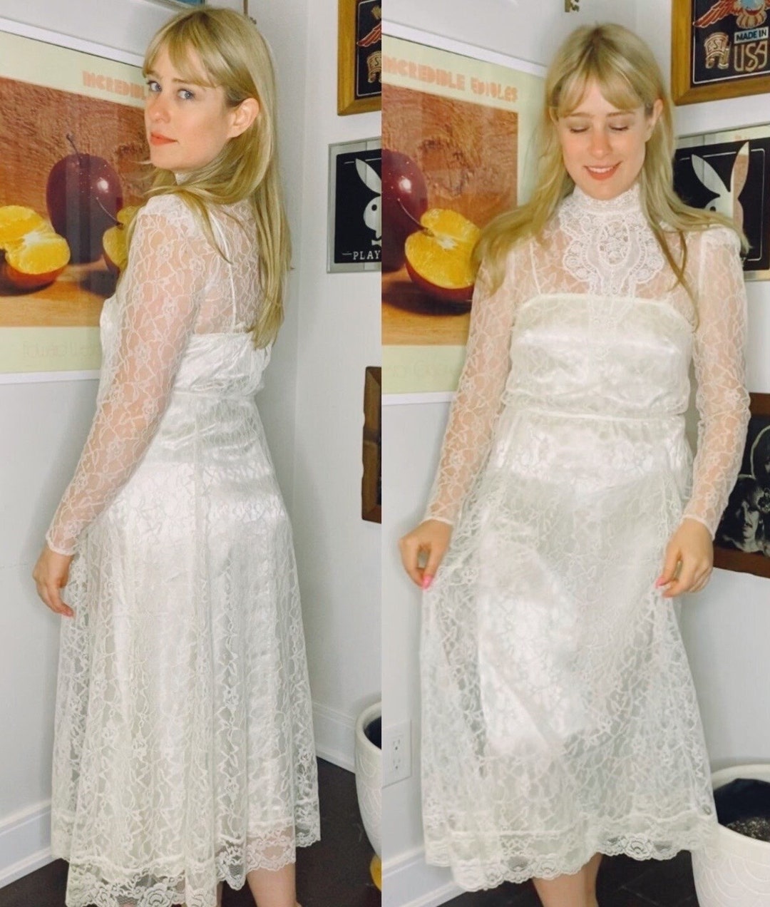 Vintage Lace & Crotchet Cream Wedding Dress • Long Sleeved • off White ...