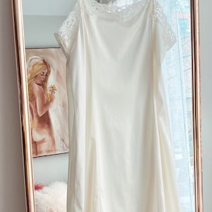 Vintage Satin Slip Dress in White With Floral Lace Trim Adjustable Straps Nylon Scalloped Hem ...