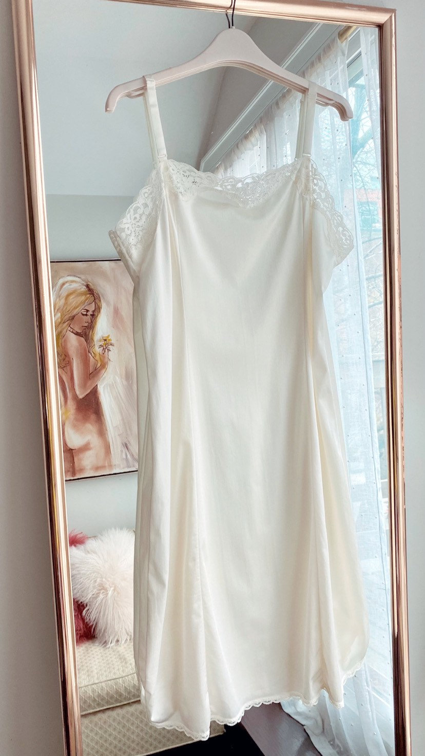 Vintage Satin Slip Dress in White With Floral Lace Trim Adjustable Straps Nylon Scalloped Hem ...