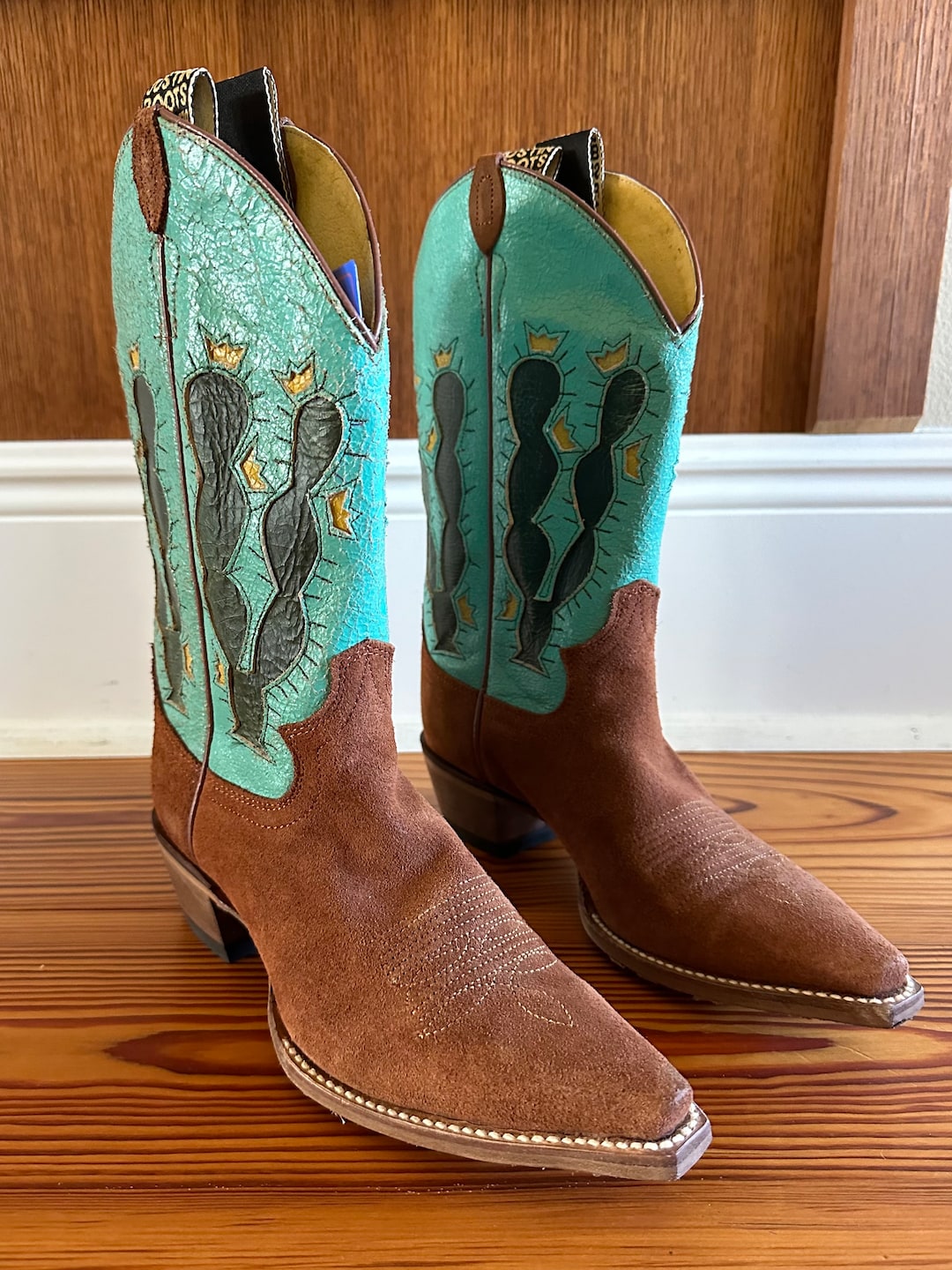Justin Cactus Cowboy Boots in Teal Green Crackled Leather and Brown ...
