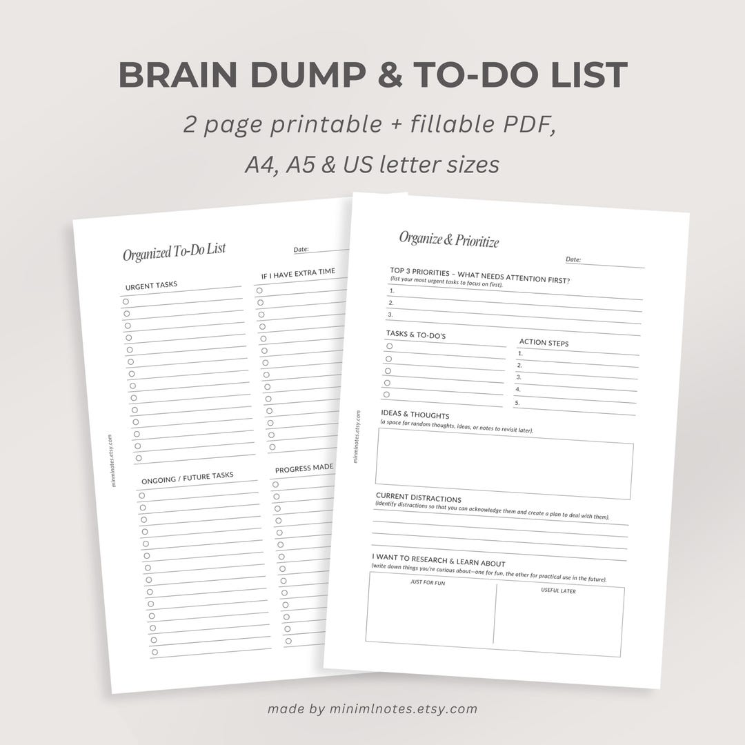 Fillable Brain Dump Printable & To-do List, 2 Page PDF, Thought ...