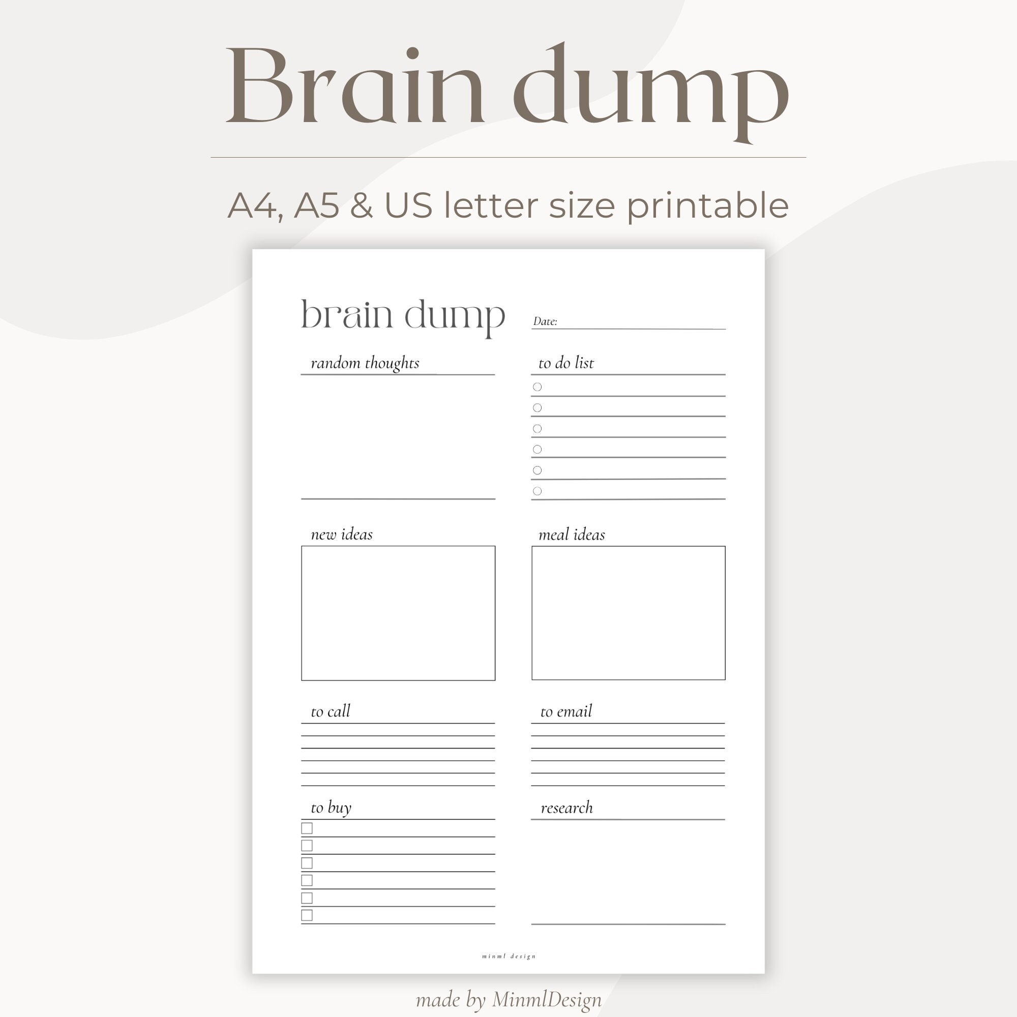 Brain Dump Printable, A4, A5, US Letter, Brainstorming, Productivity ...