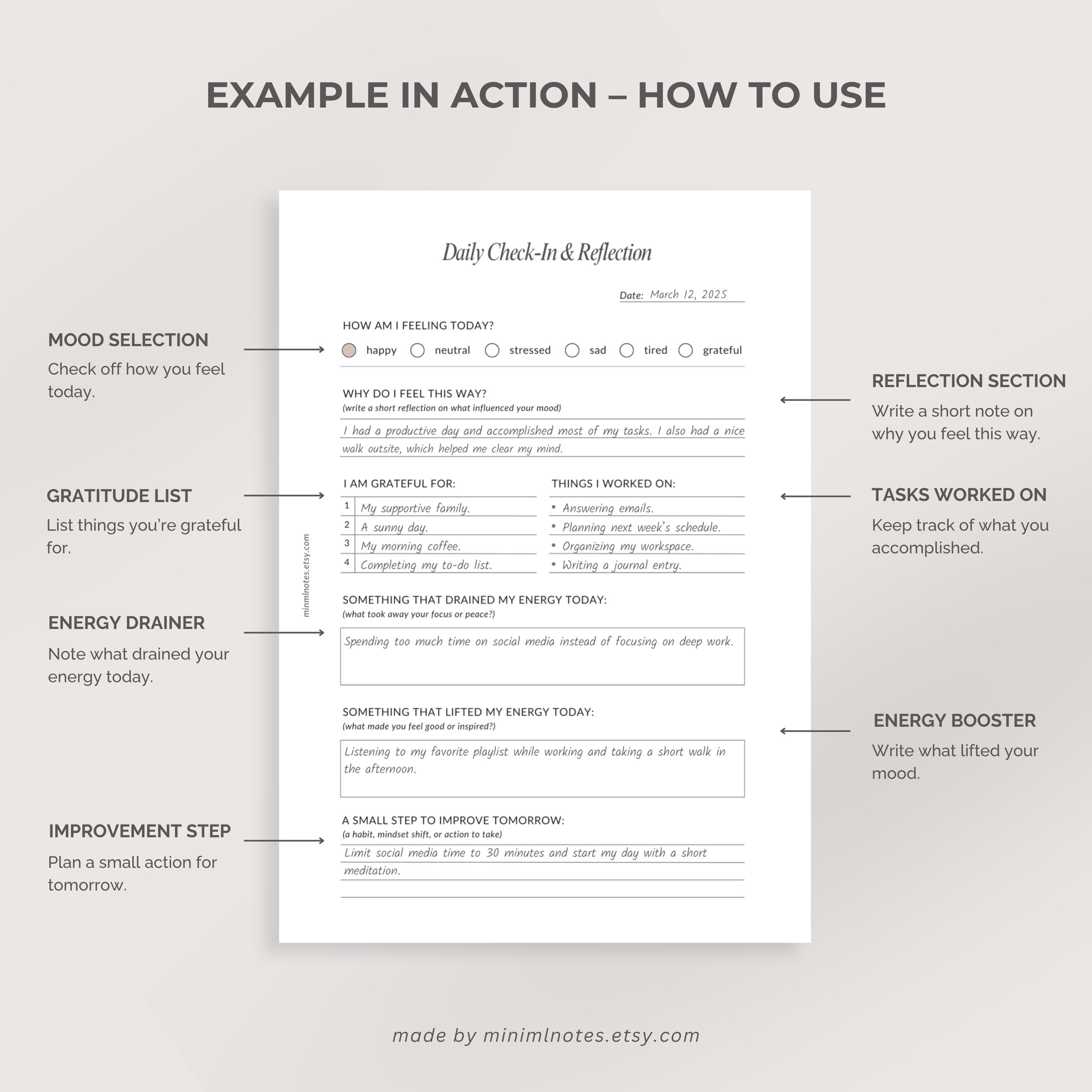 Daily Reflection Planner: Mental Health Journal, Mindfulness Printable ...