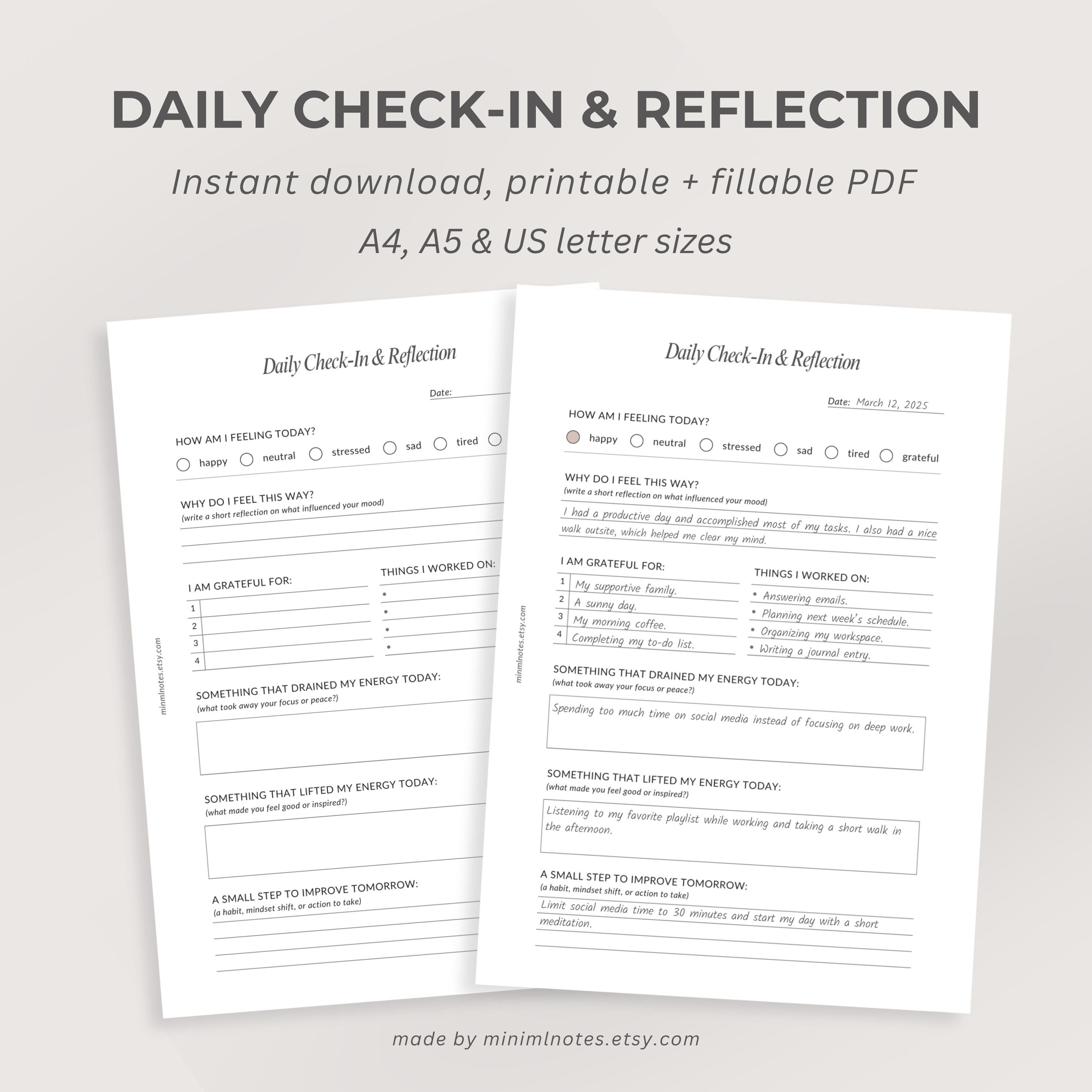 Daily Reflection Planner: Mental Health Journal, Mindfulness Printable ...