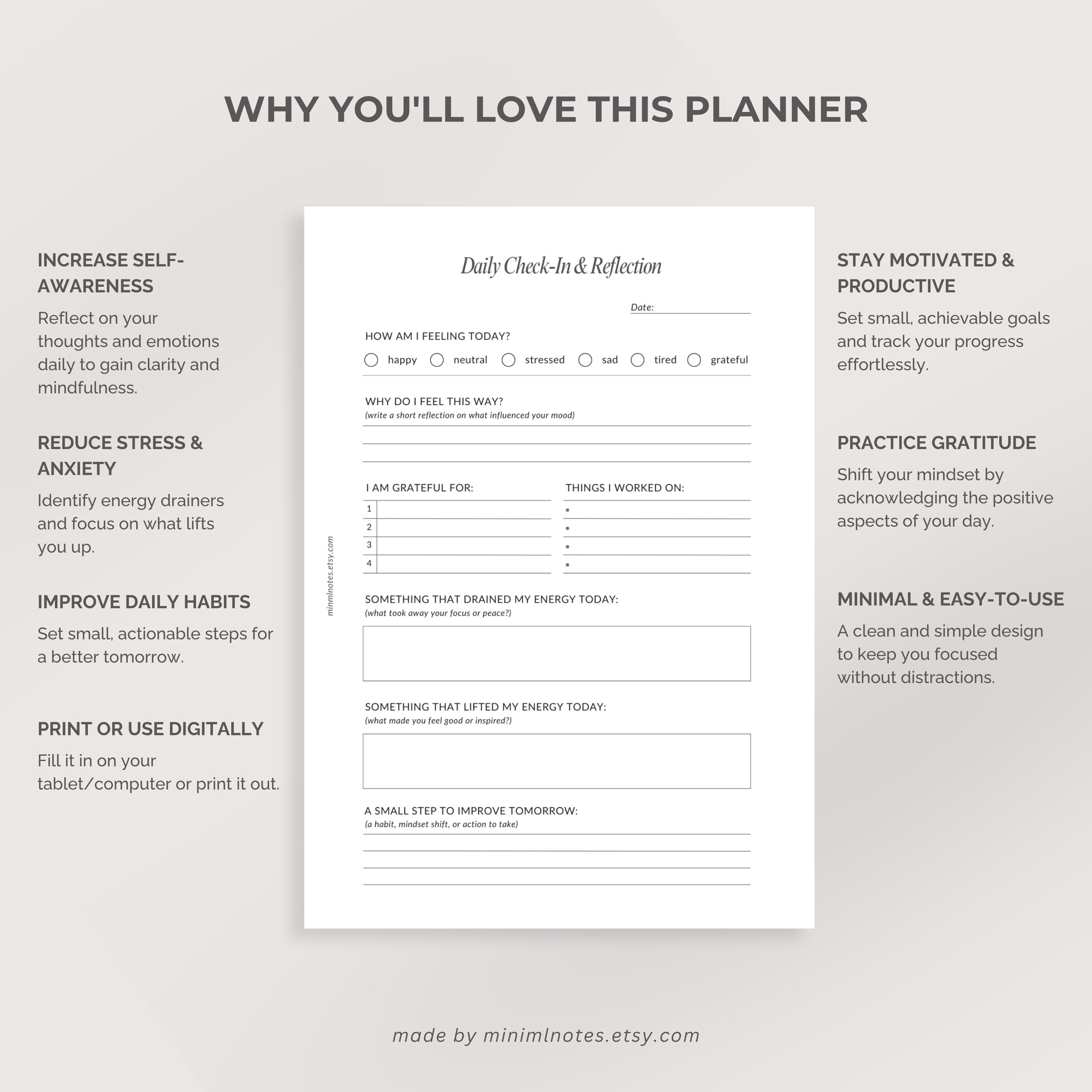 Daily Reflection Planner: Mental Health Journal, Mindfulness Printable ...