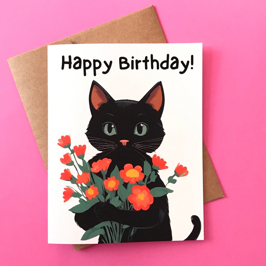 Cat Happy Birthday Card for Cat Lovers With Black Cat - Etsy