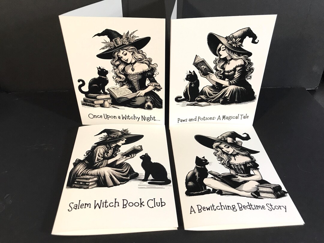 Witches & Black Cats Cards - 4 Card Set, Witches Reading Books to Cats ...