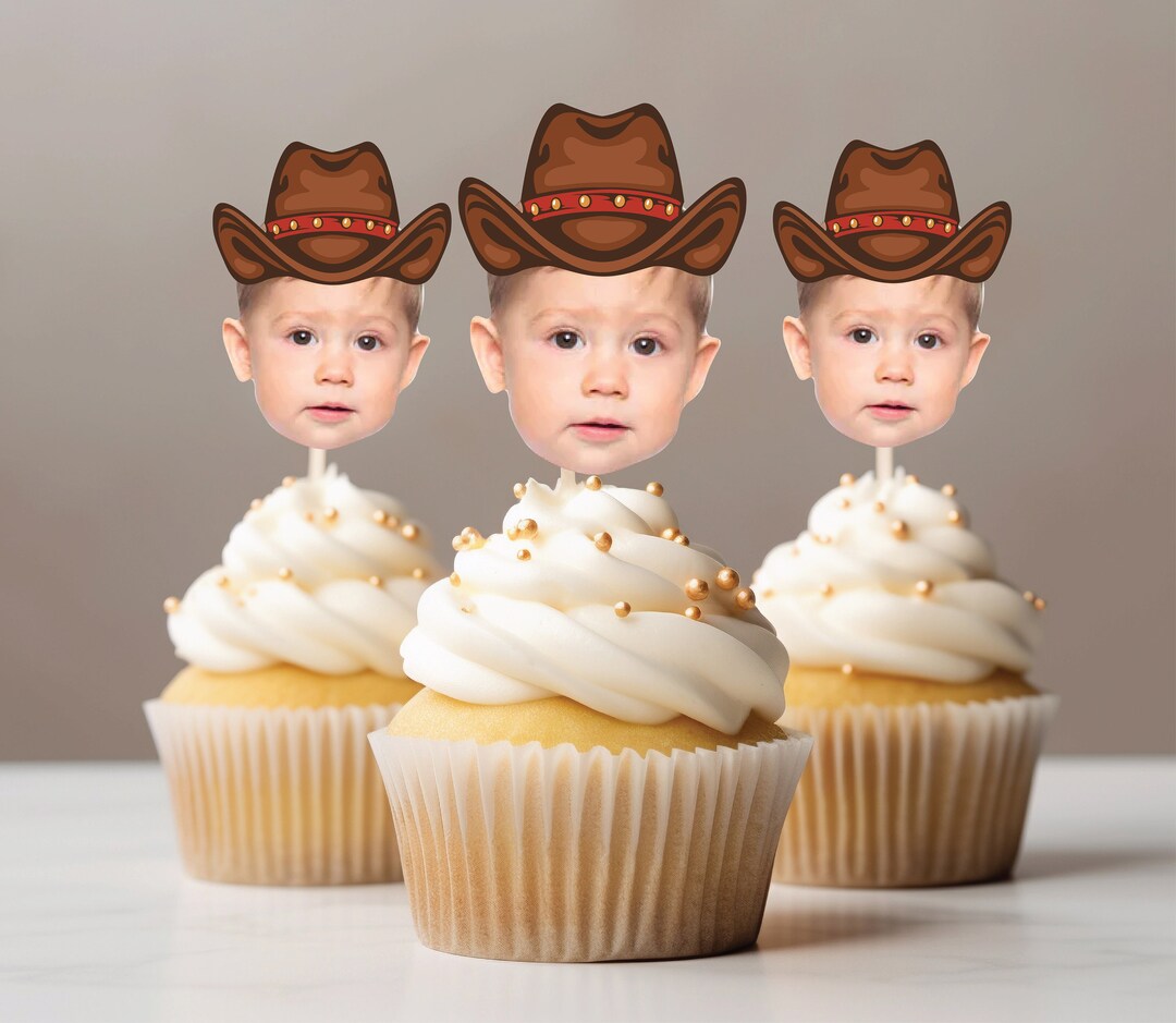 Customized Face Photo Cowboy Hat Cupcake Topper for First Milestone ...
