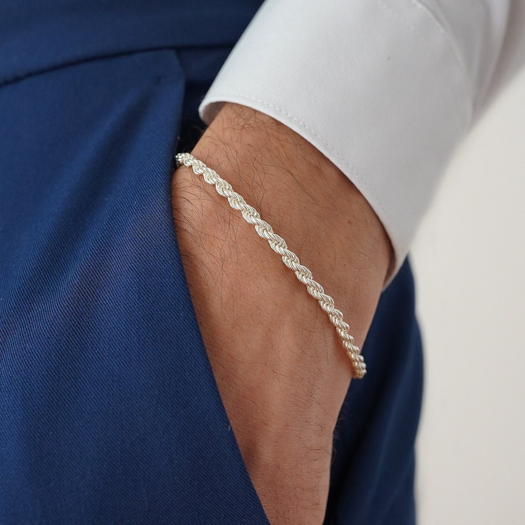 Personalised Silver Rope Chain Bracelet for Men, Mens Bracelet, Minimal Bracelet for Men ...