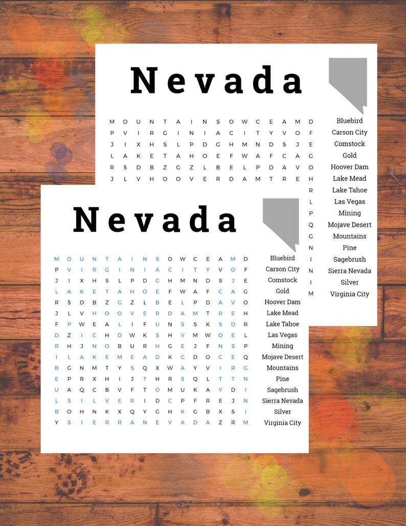 Nevada Word Search Educational Scavenger Hunt Fun Word Puzzle Word Find ...