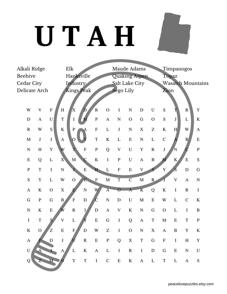 Utah Word Search Puzzle: Fun Travel Brain Game (printable PDF) - Etsy