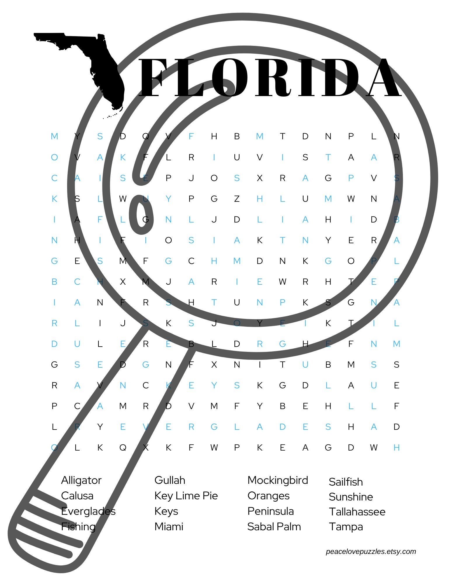 Florida Word Search Puzzle: Fun US State Activity (printable PDF) - Etsy