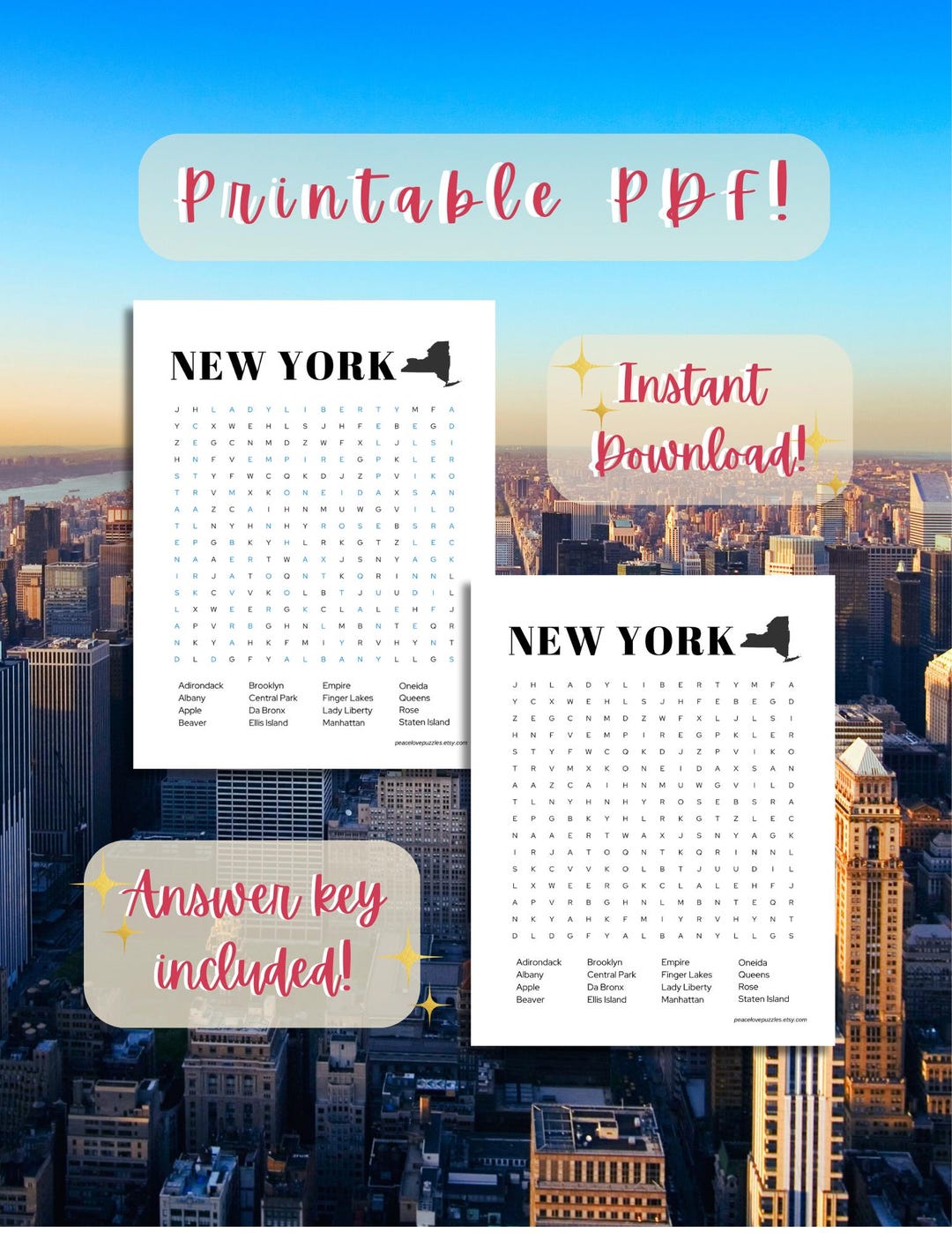 New York Word Search Puzzle: Learn & Play (printable PDF Downloadable ...