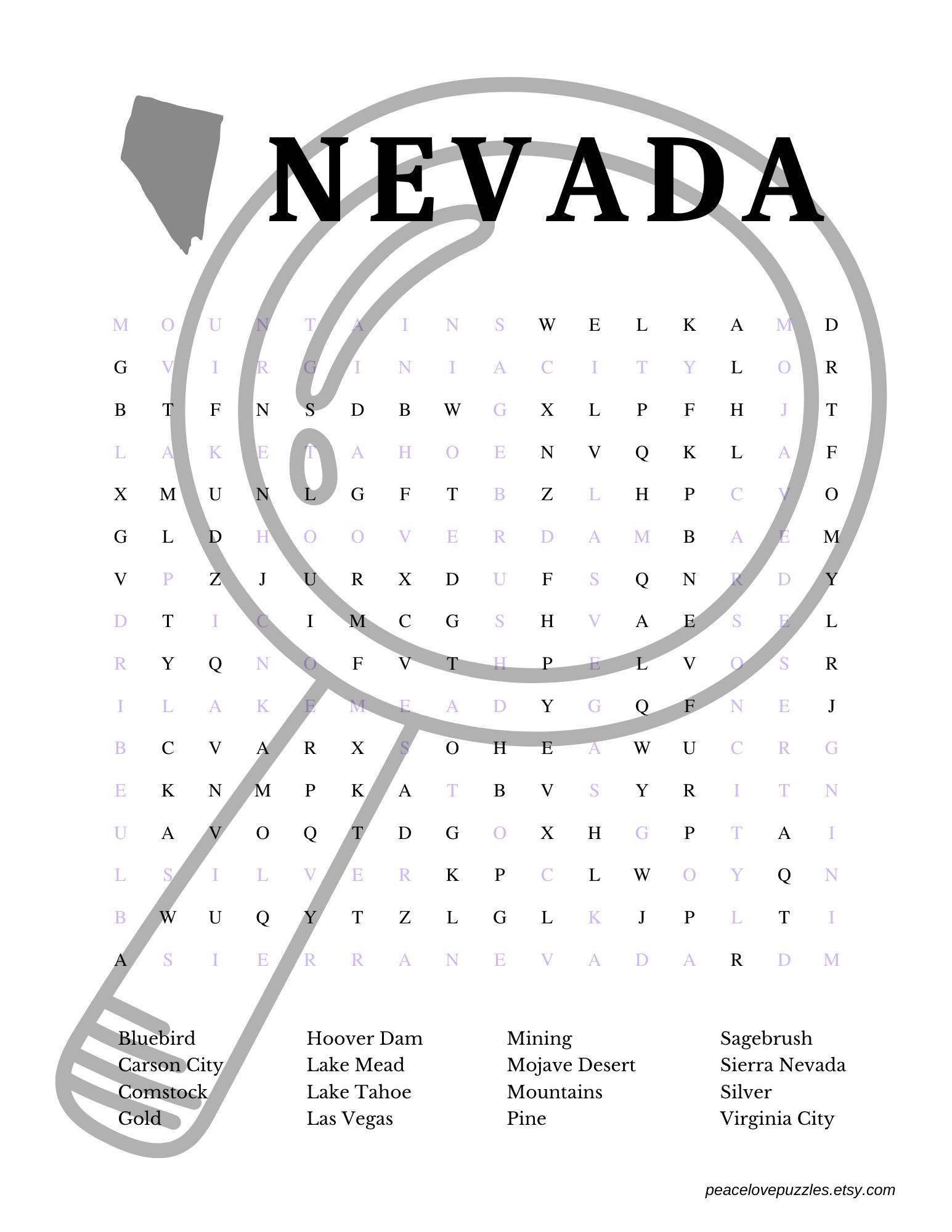 Nevada Word Search Puzzle: US State Word Find (printable PDF) - Etsy