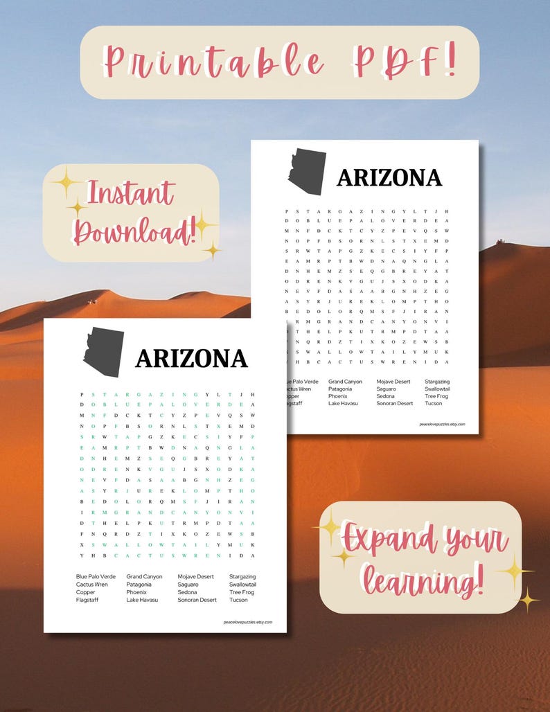 Arizona Word Search Puzzle: Homeschool Learning Activity (printable PDF ...